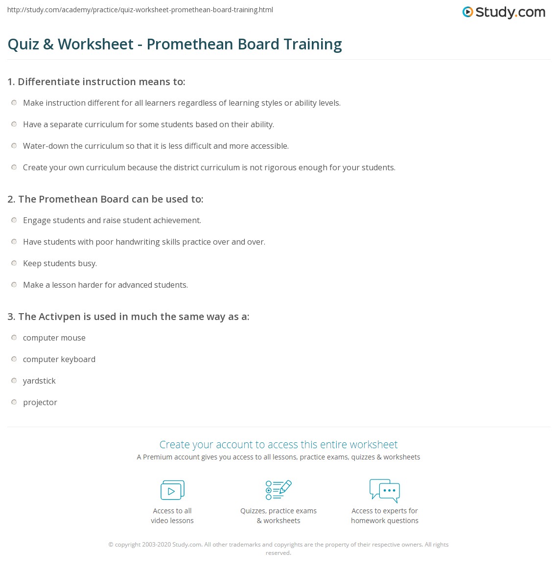 Quiz & Worksheet - Promethean Board Training | Study.com