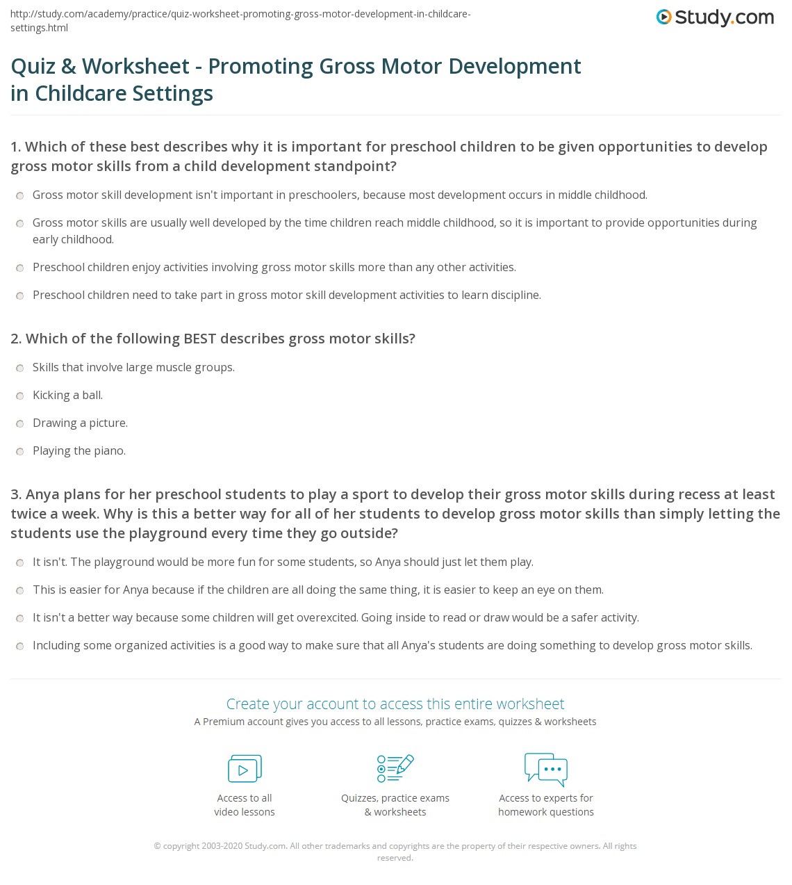 Quiz & Worksheet - Promoting Gross Motor Development in Childcare ...