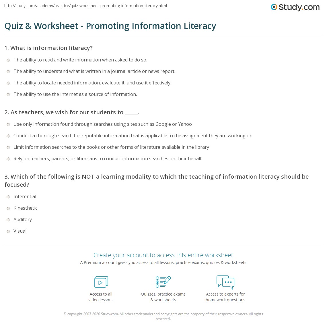 Quiz & Worksheet - Promoting Information Literacy | Study.com