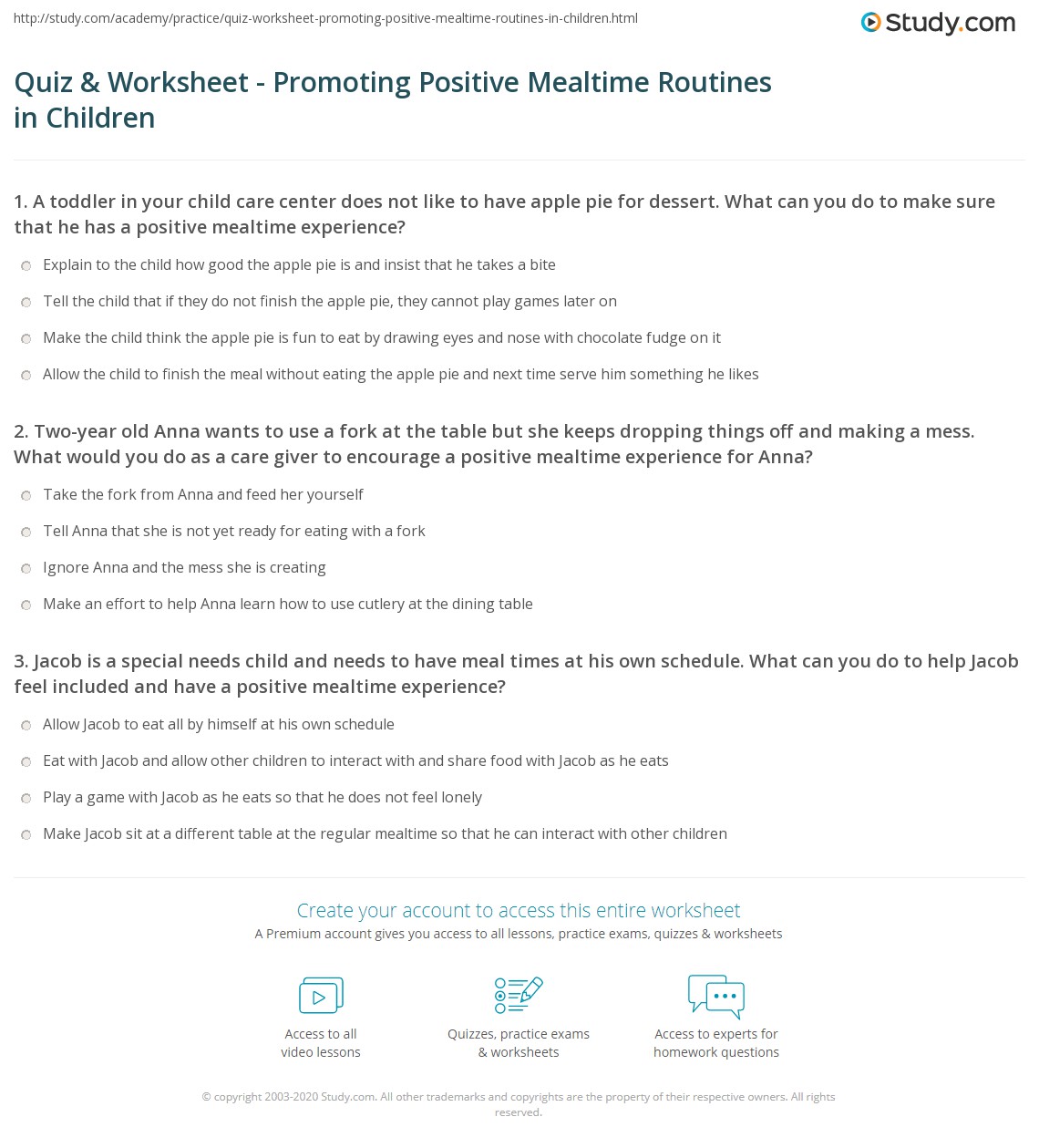 Quiz & Worksheet - Promoting Positive Mealtime Routines in Children ...