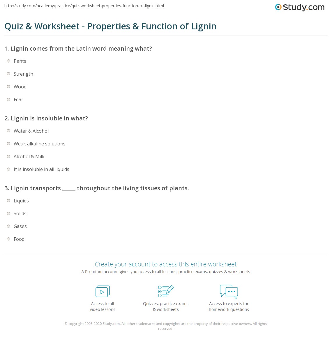 Quiz & Worksheet - Properties & Function of Lignin | Study.com