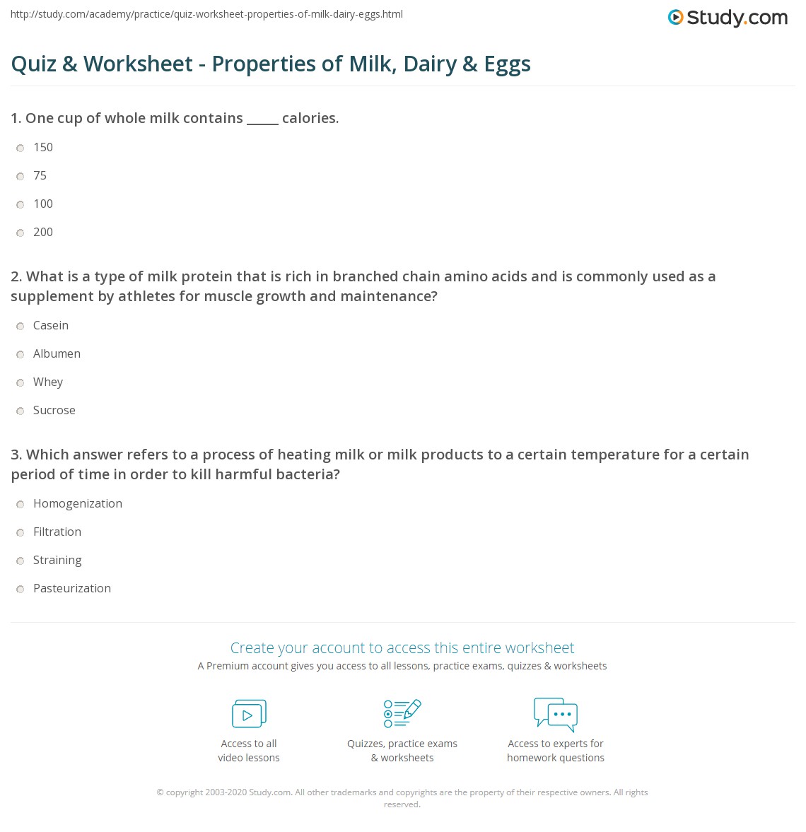 Quiz & Worksheet - Properties of Milk, Dairy & Eggs | Study.com