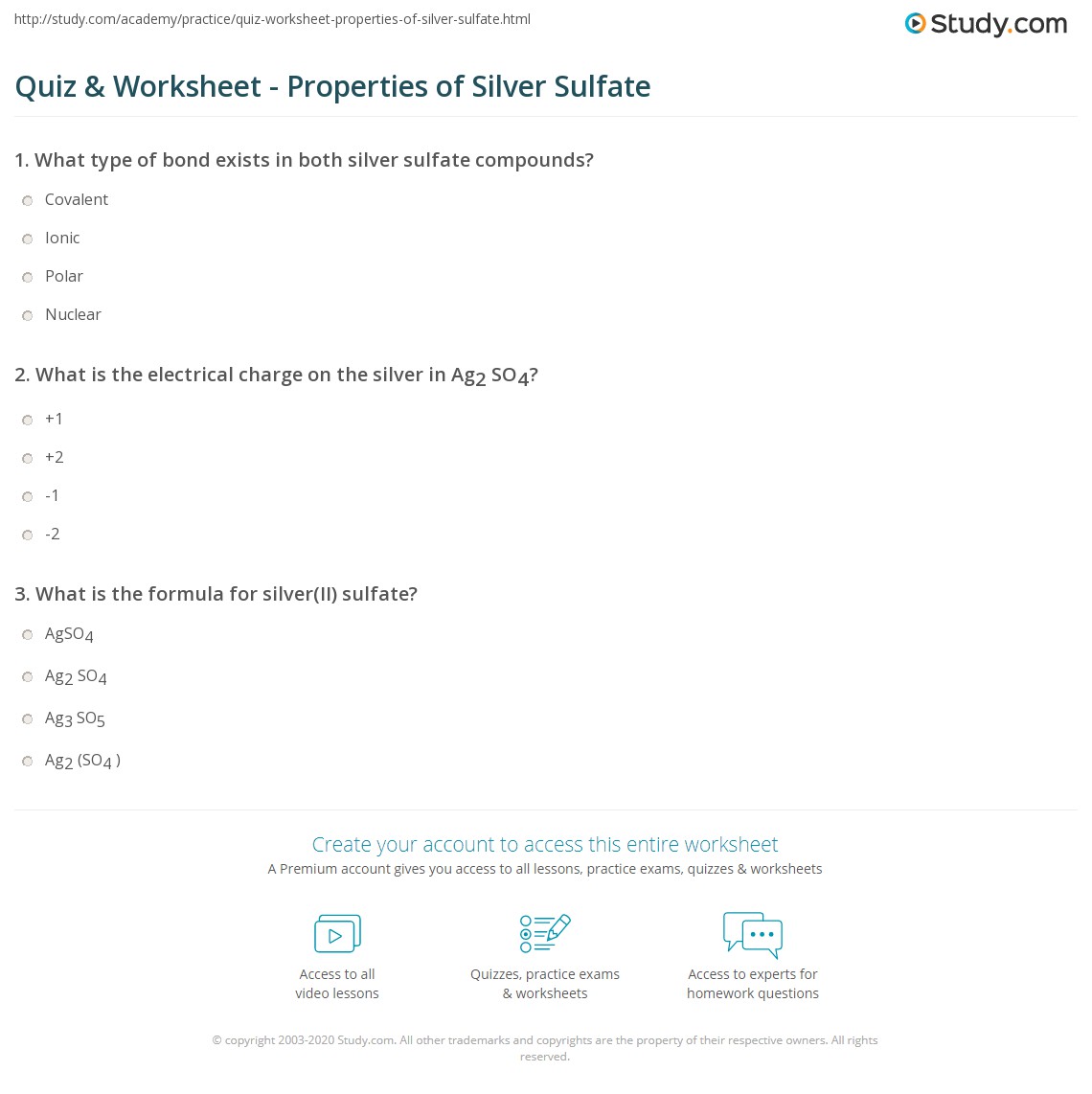 Quiz & Worksheet - Properties of Silver Sulfate | Study.com