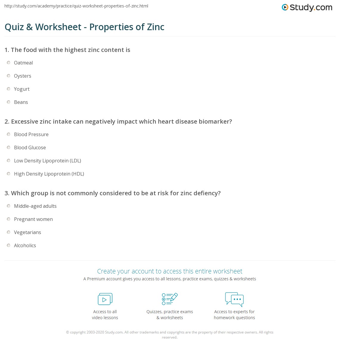 Quiz & Worksheet - Properties of Zinc | Study.com