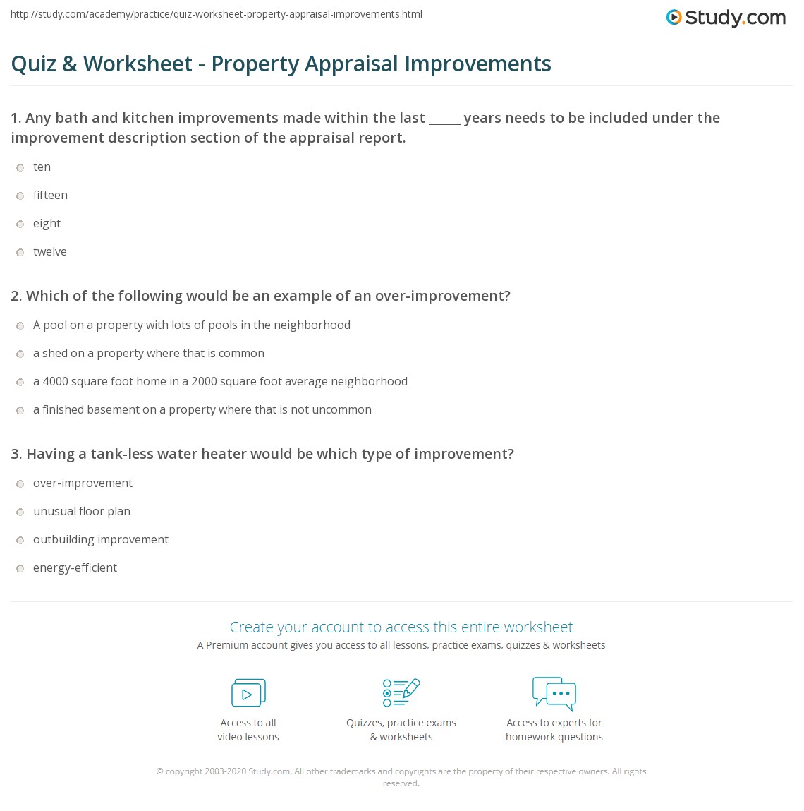 Quiz Worksheet Property Appraisal Improvements Study