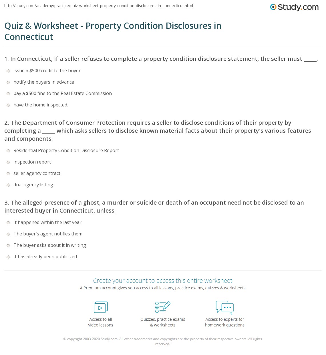 Quiz & Worksheet - Property Condition Disclosures in Connecticut ...