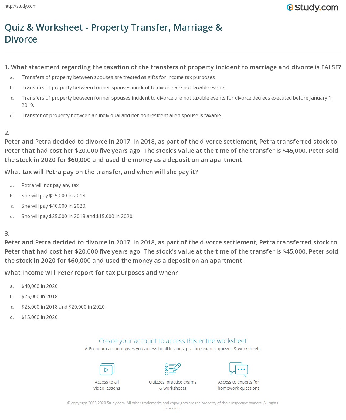 Quiz & Worksheet - Property Transfer, Marriage & Divorce | Study.com