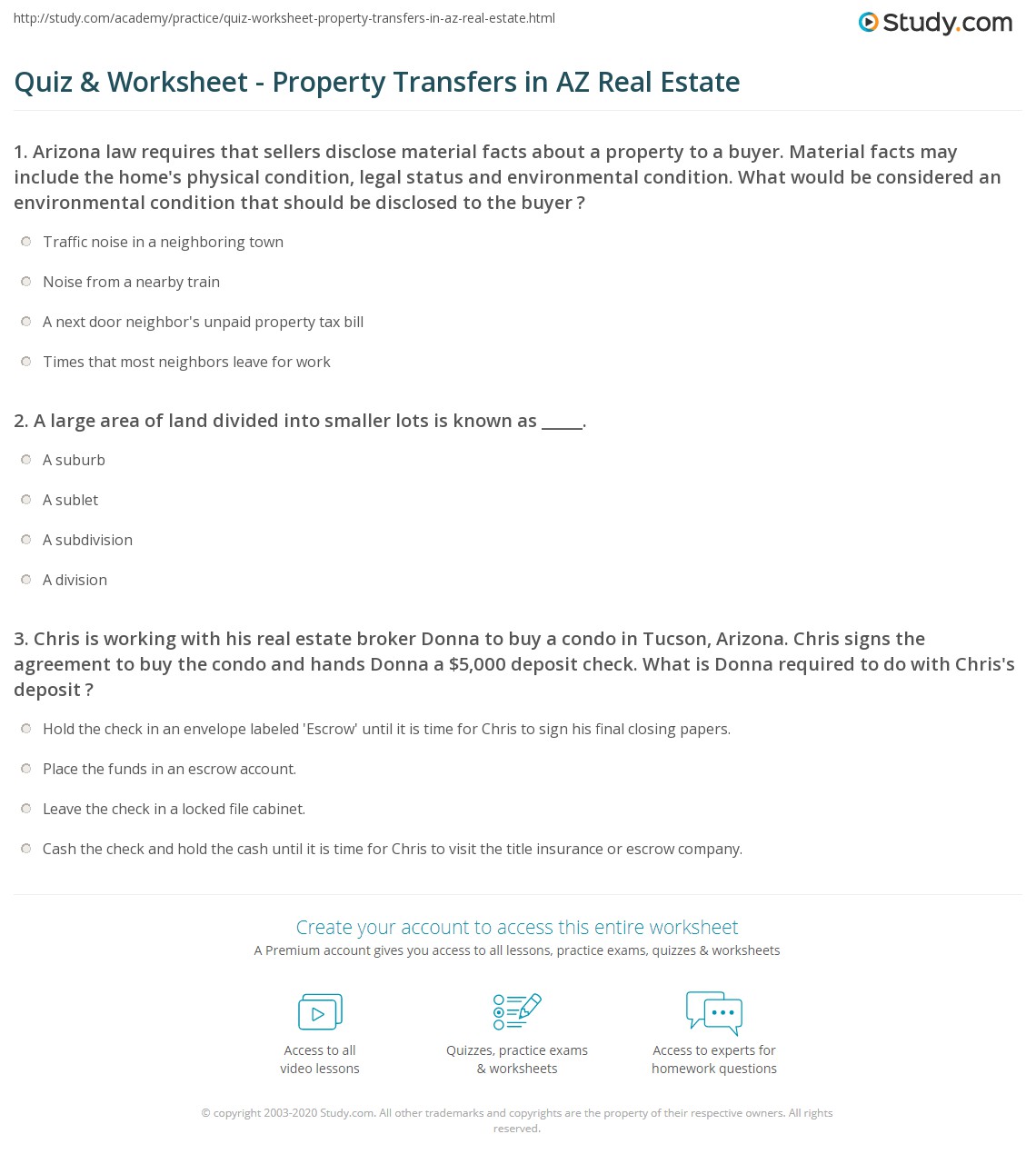 Quiz & Worksheet - Property Transfers in AZ Real Estate | Study.com