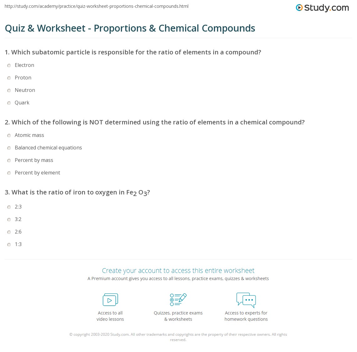 Quiz & Worksheet - Proportions & Chemical Compounds | Study.com