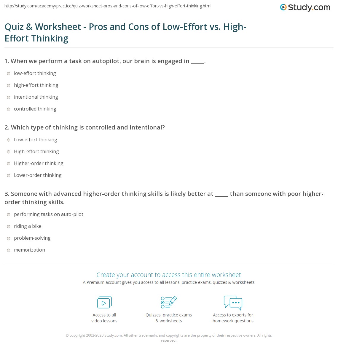 Quiz & Worksheet - Pros and Cons of Low-Effort vs. High-Effort Thinking ...