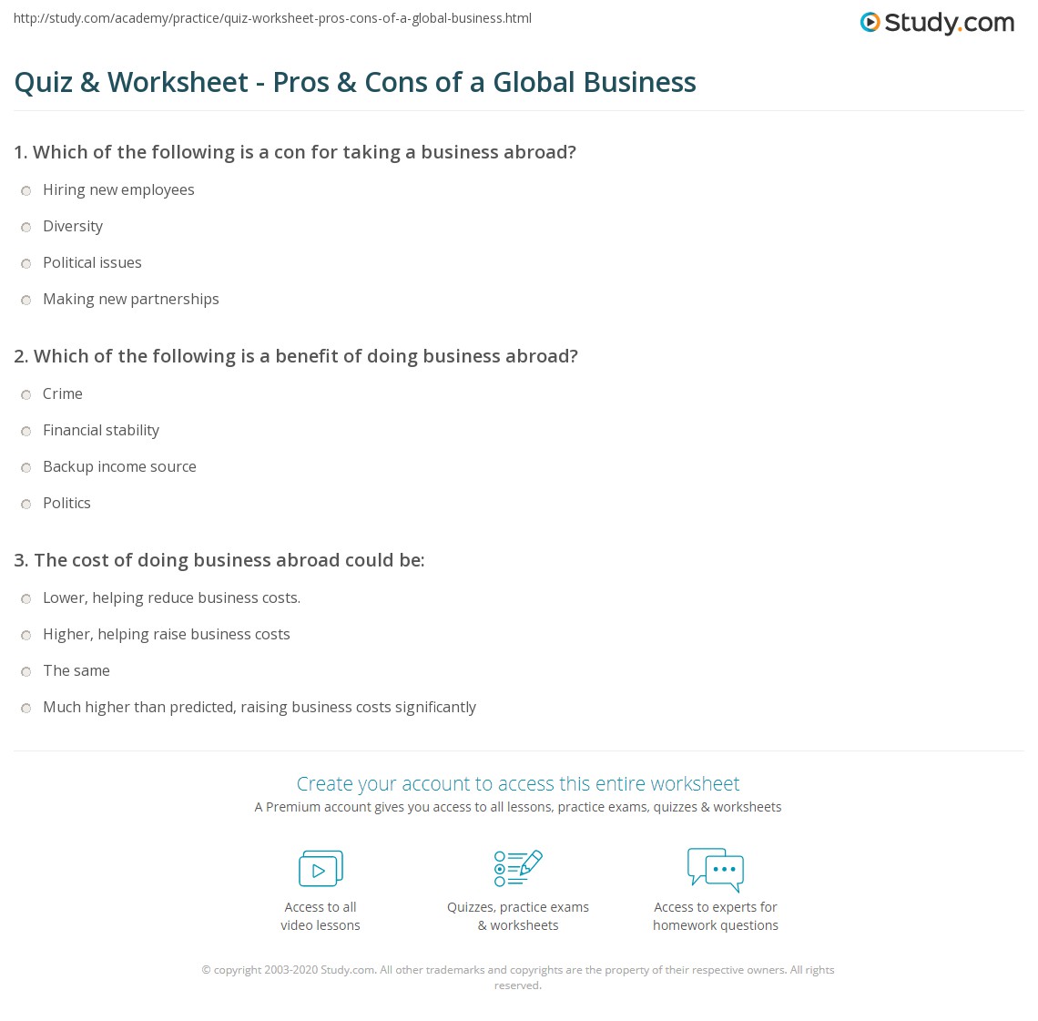 Quiz & Worksheet - Pros & Cons of a Global Business | Study.com