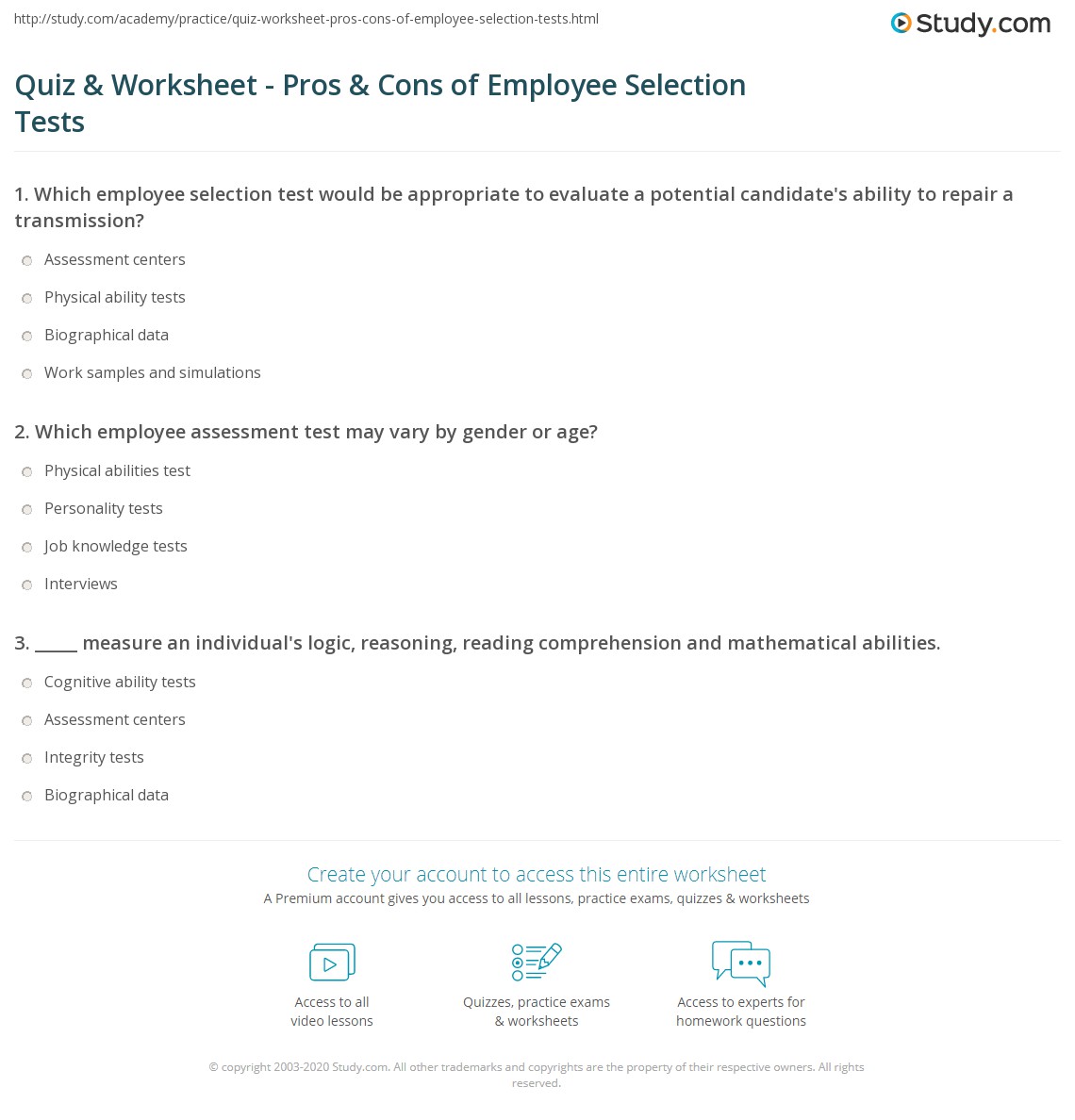 Quiz & Worksheet - Pros & Cons of Employee Selection Tests | Study.com