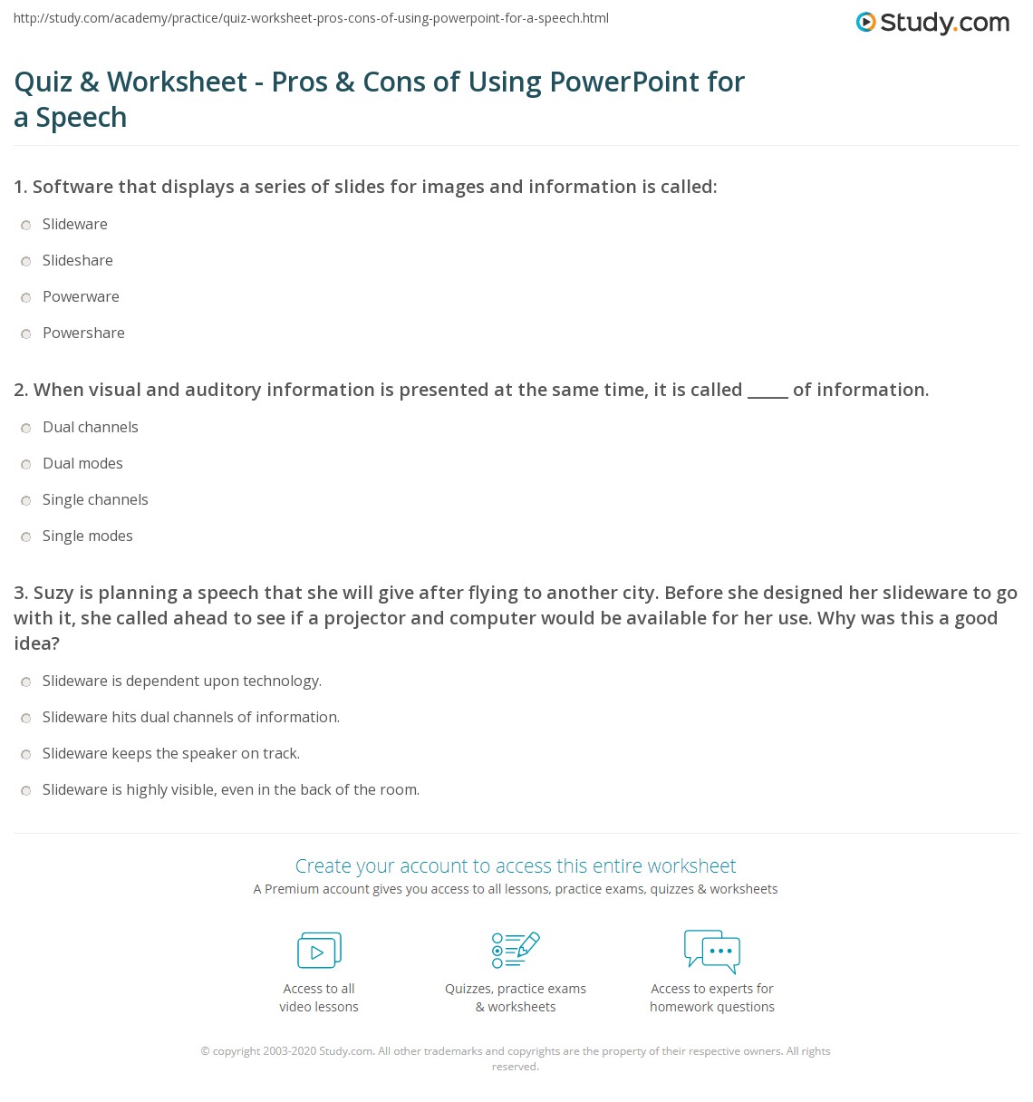 Quiz & Worksheet - Pros & Cons of Using PowerPoint for a Speech | Study.com