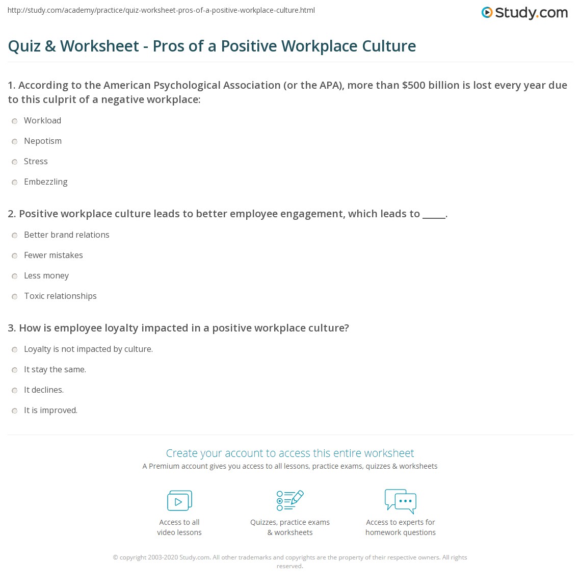 Quiz & Worksheet - Pros of a Positive Workplace Culture | Study.com