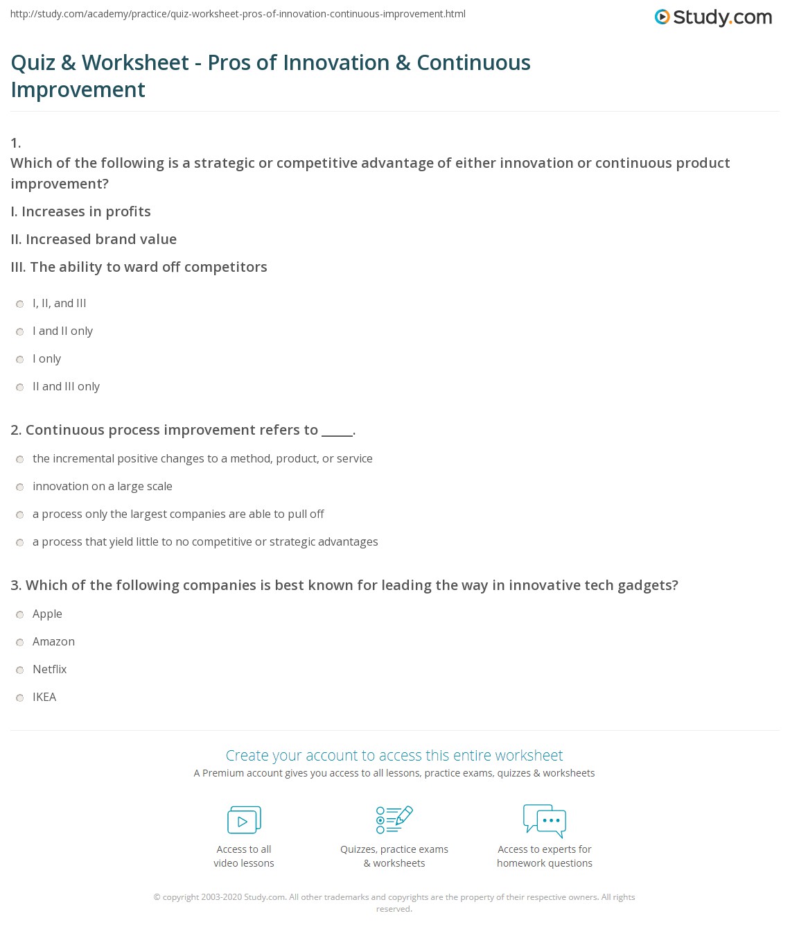 Quiz & Worksheet - Pros of Innovation & Continuous Improvement | Study.com