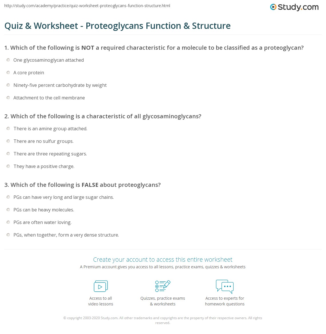 Quiz & Worksheet - Proteoglycans Function & Structure | Study.com