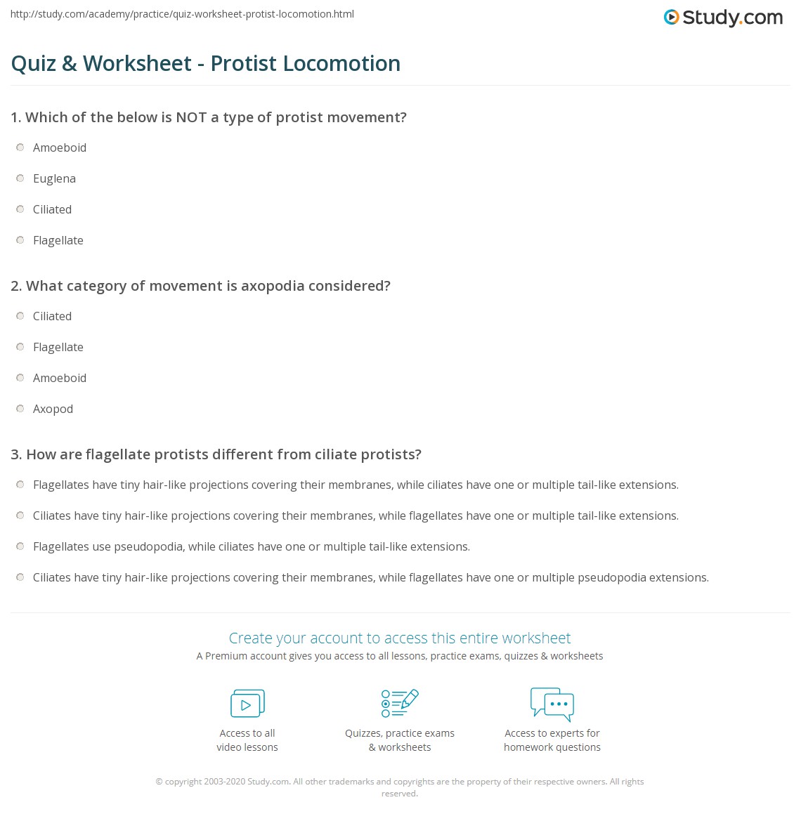 Quiz & Worksheet - Protist Locomotion | Study.com