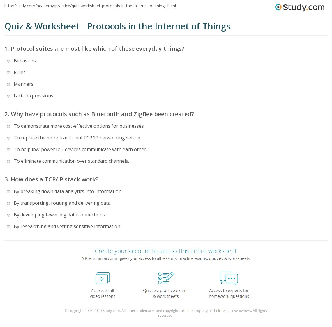 Quiz & Worksheet - Protocols in the Internet of Things | Study.com