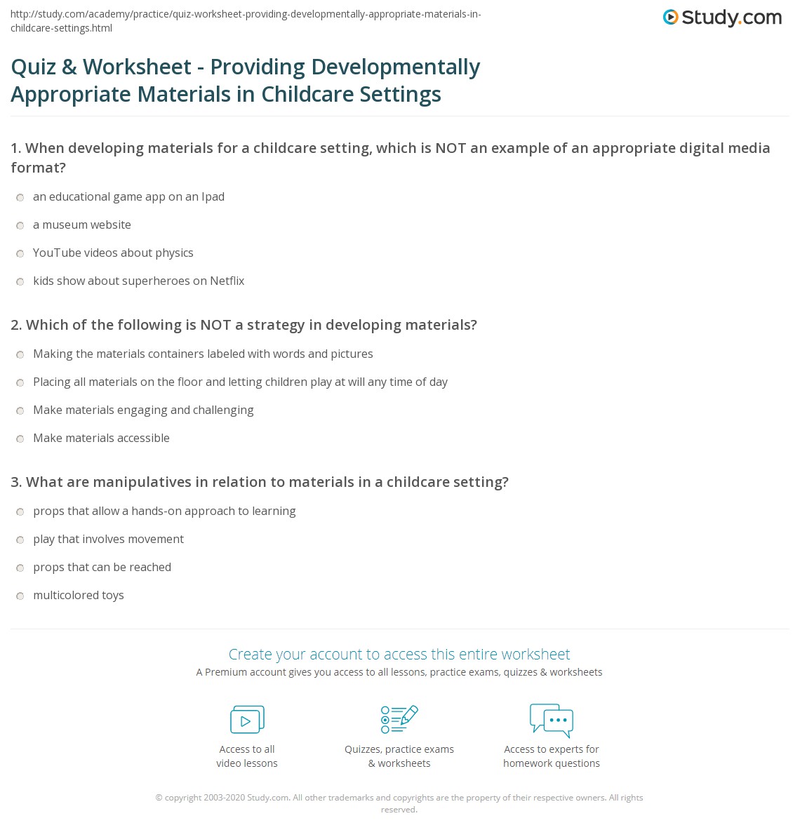 Quiz & Worksheet - Providing Developmentally Appropriate Materials in ...