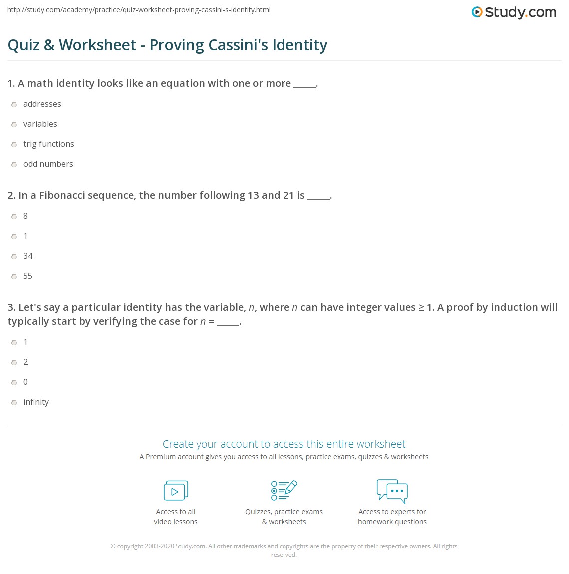 Quiz & Worksheet - Proving Cassini's Identity | Study.com