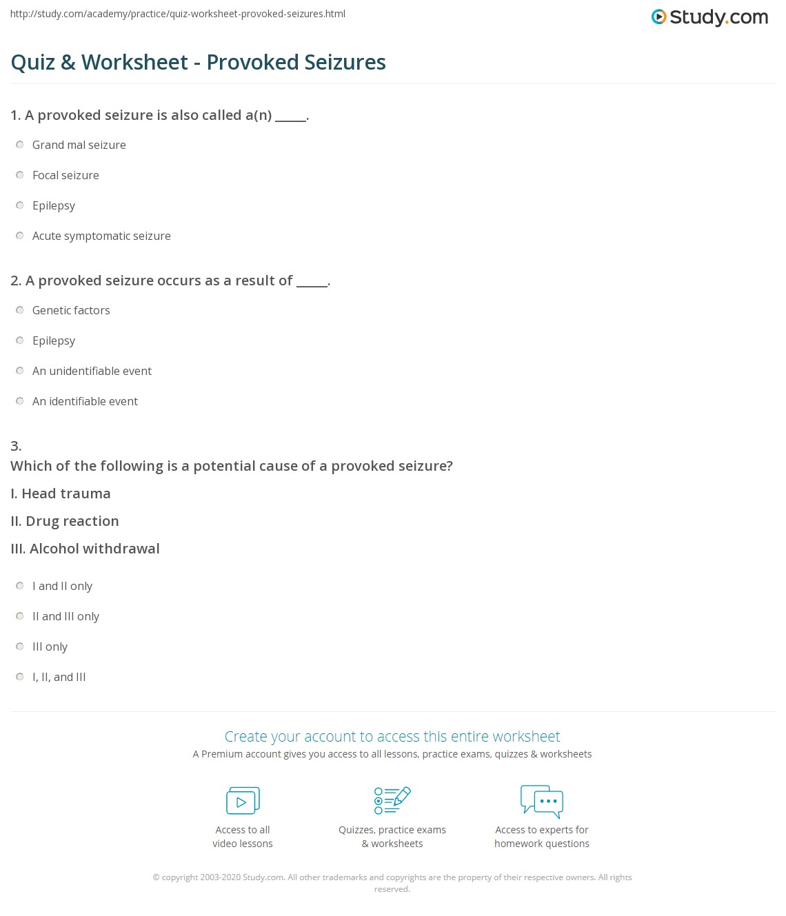 Quiz & Worksheet - Provoked Seizures | Study.com