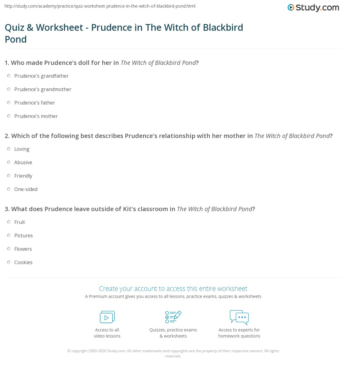 Quiz & Worksheet - Prudence in The Witch of Blackbird Pond | Study.com