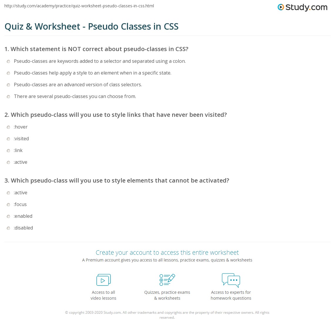 Quiz & Worksheet - Pseudo Classes in CSS | Study.com