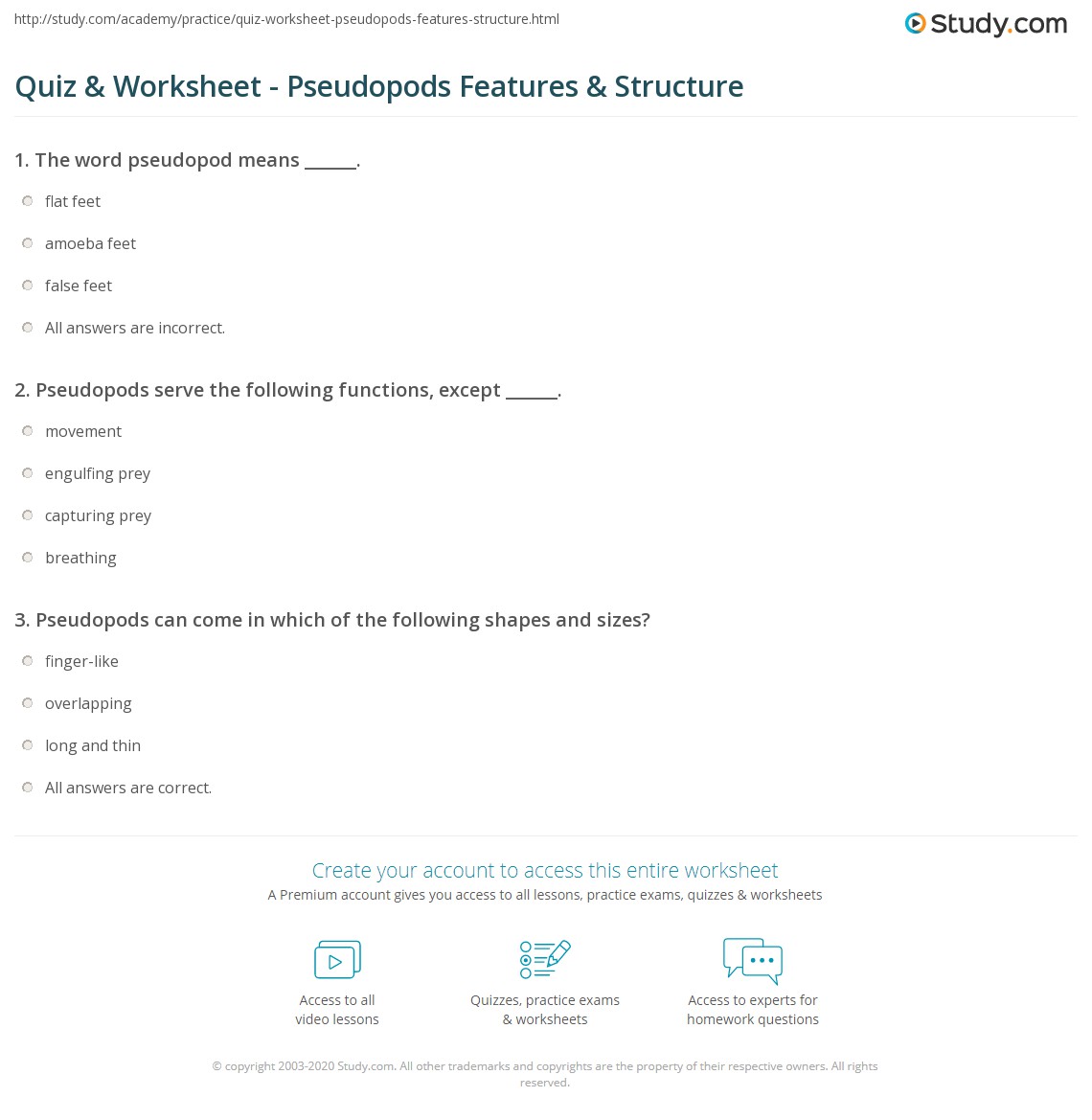 Quiz & Worksheet - Pseudopods Features & Structure | Study.com