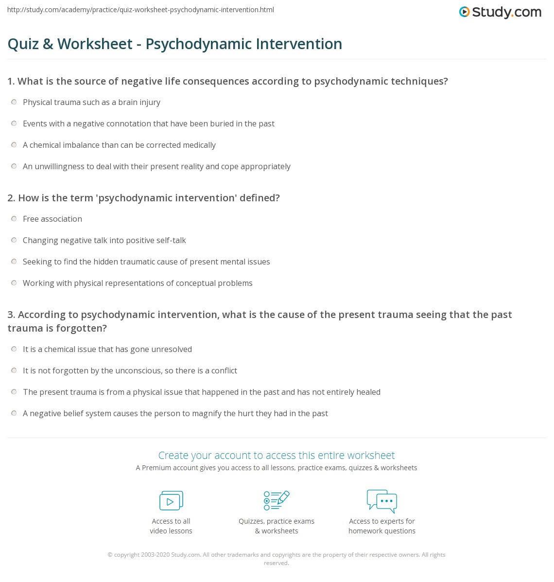 Quiz & Worksheet - Psychodynamic Intervention | Study.com