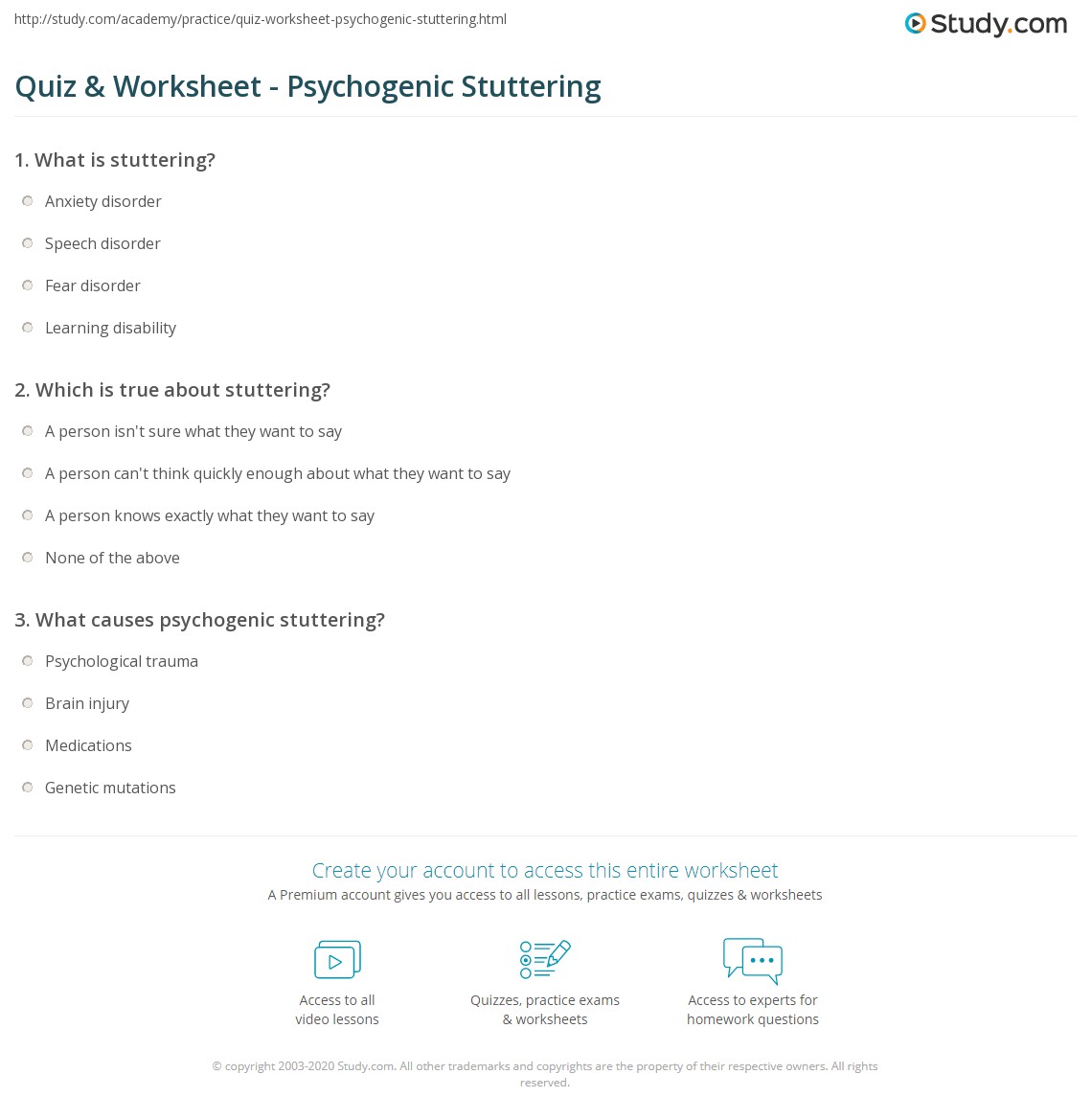 Quiz & Worksheet - Psychogenic Stuttering | Study.com