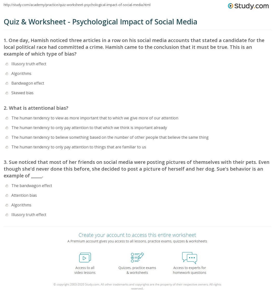 Quiz & Worksheet - Psychological Impact of Social Media | Study.com