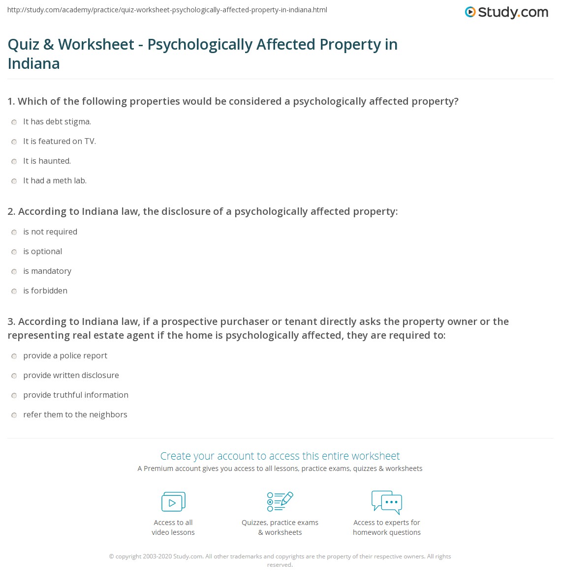 Quiz & Worksheet - Psychologically Affected Property in Indiana | Study.com