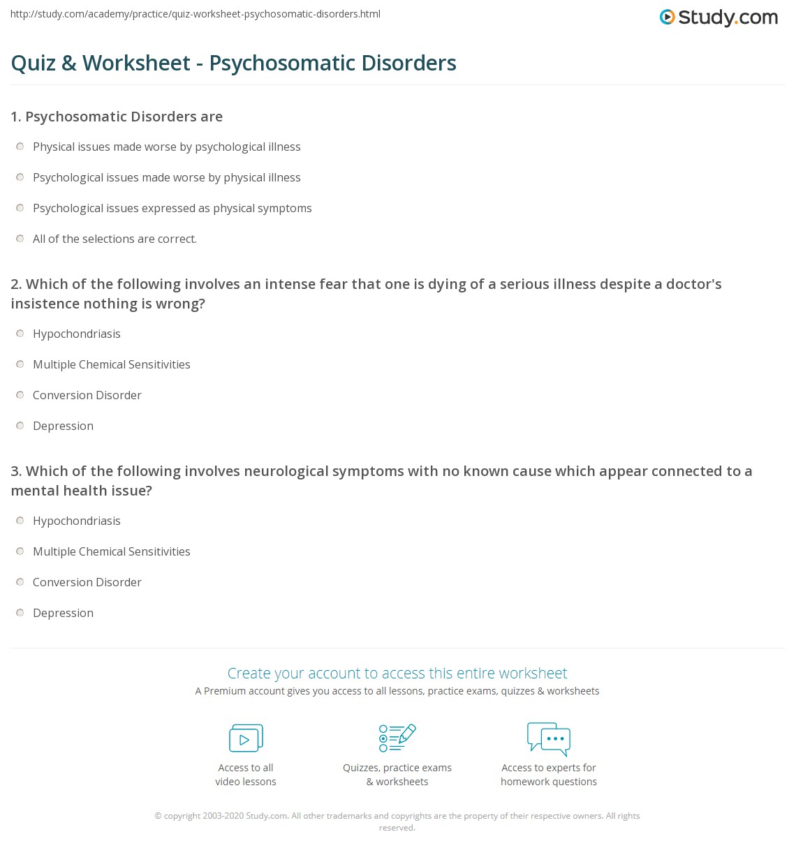 Quiz & Worksheet - Psychosomatic Disorders | Study.com