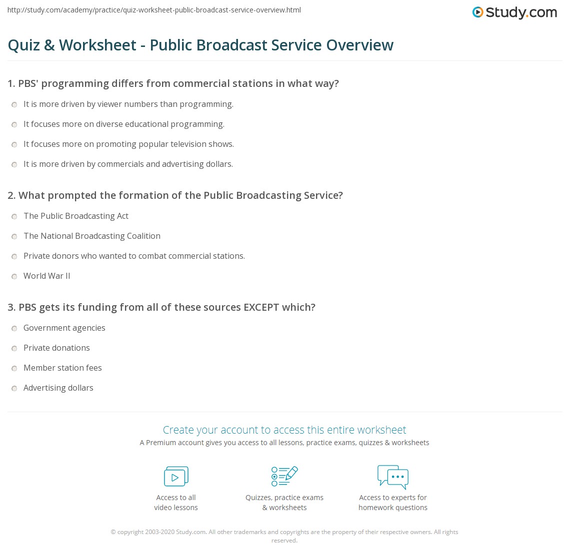 Quiz & Worksheet - Public Broadcast Service Overview | Study.com