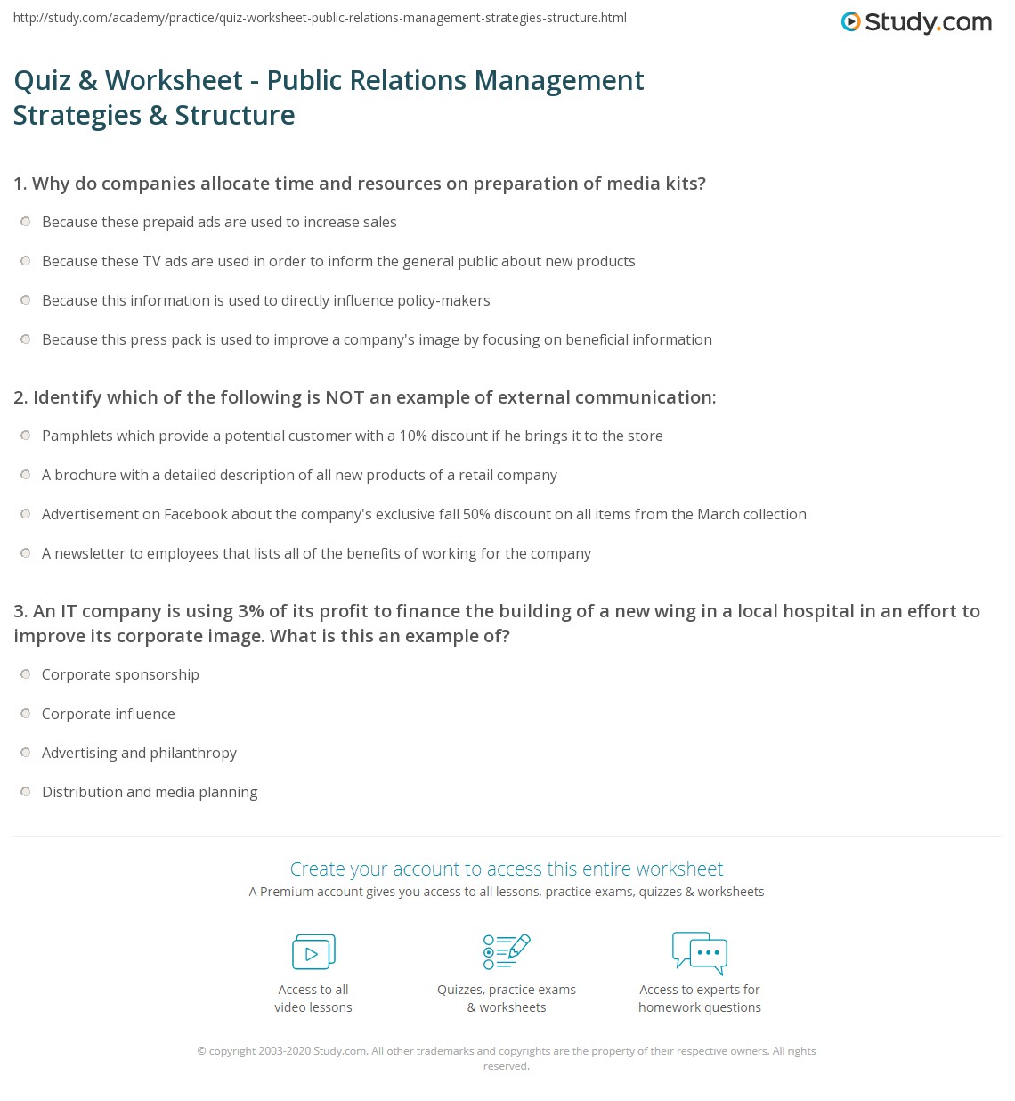 Quiz & Worksheet - Public Relations Management Strategies & Structure ...