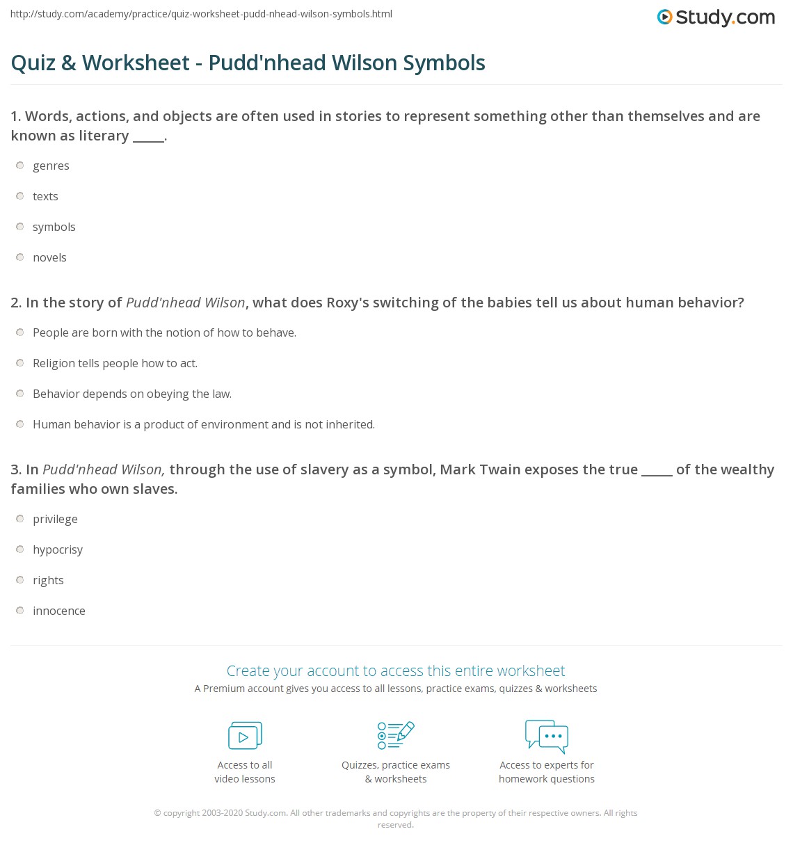 Quiz & Worksheet - Pudd'nhead Wilson Symbols | Study.com