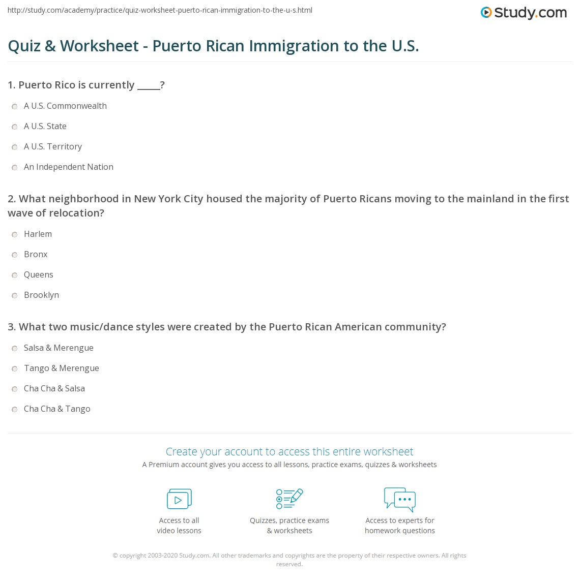Quiz & Worksheet - Puerto Rican Immigration to the U.S. | Study.com