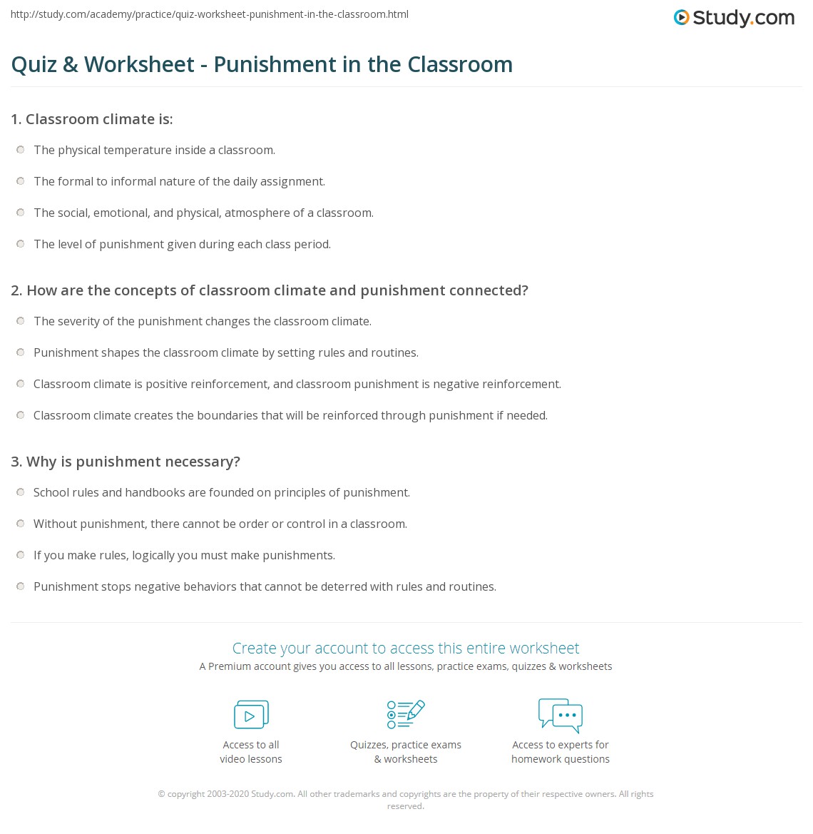 Quiz & Worksheet - Punishment in the Classroom | Study.com