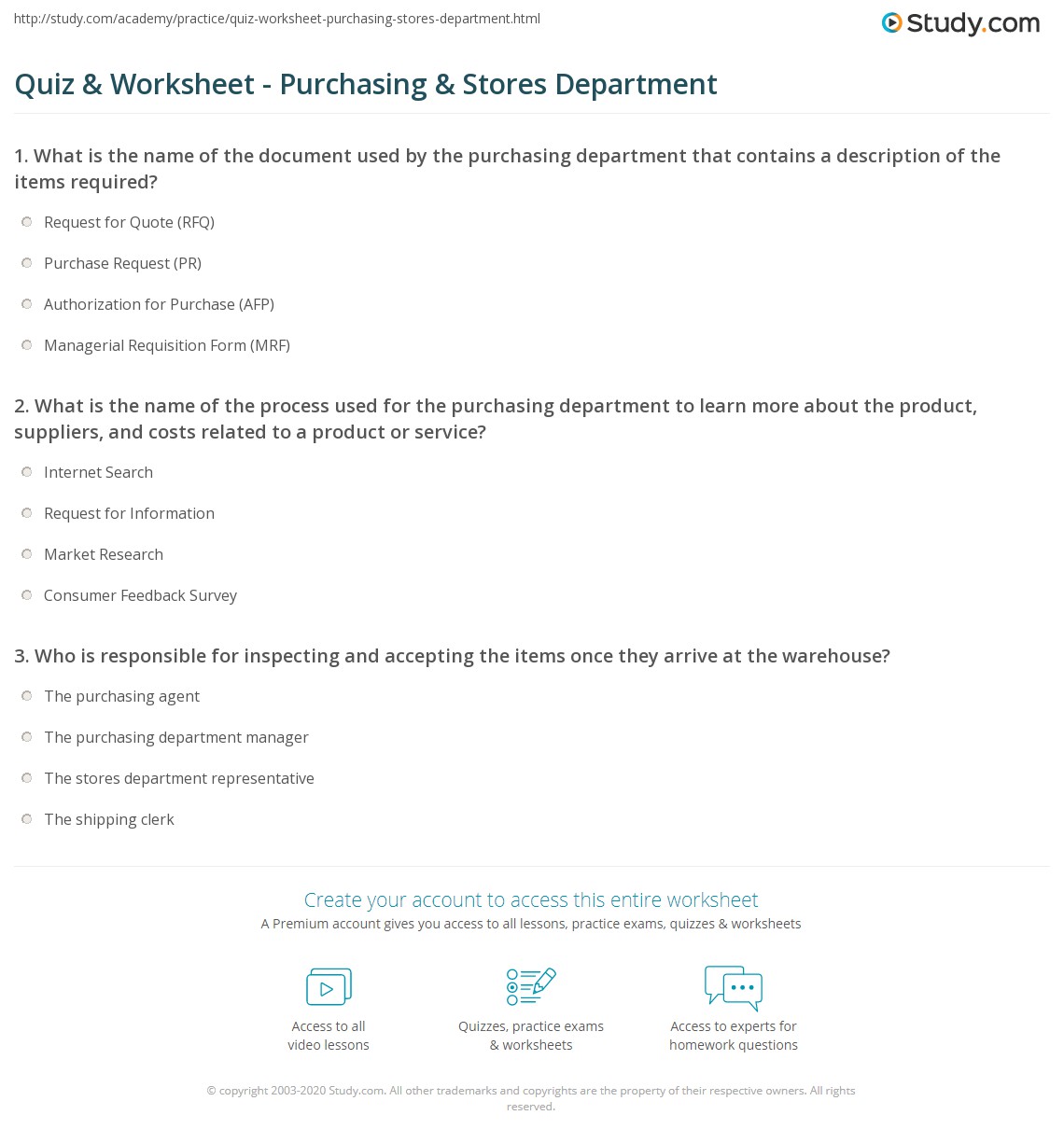 Quiz & Worksheet - Purchasing & Stores Department | Study.com