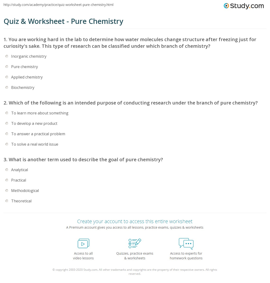 Quiz & Worksheet - Pure Chemistry | Study.com