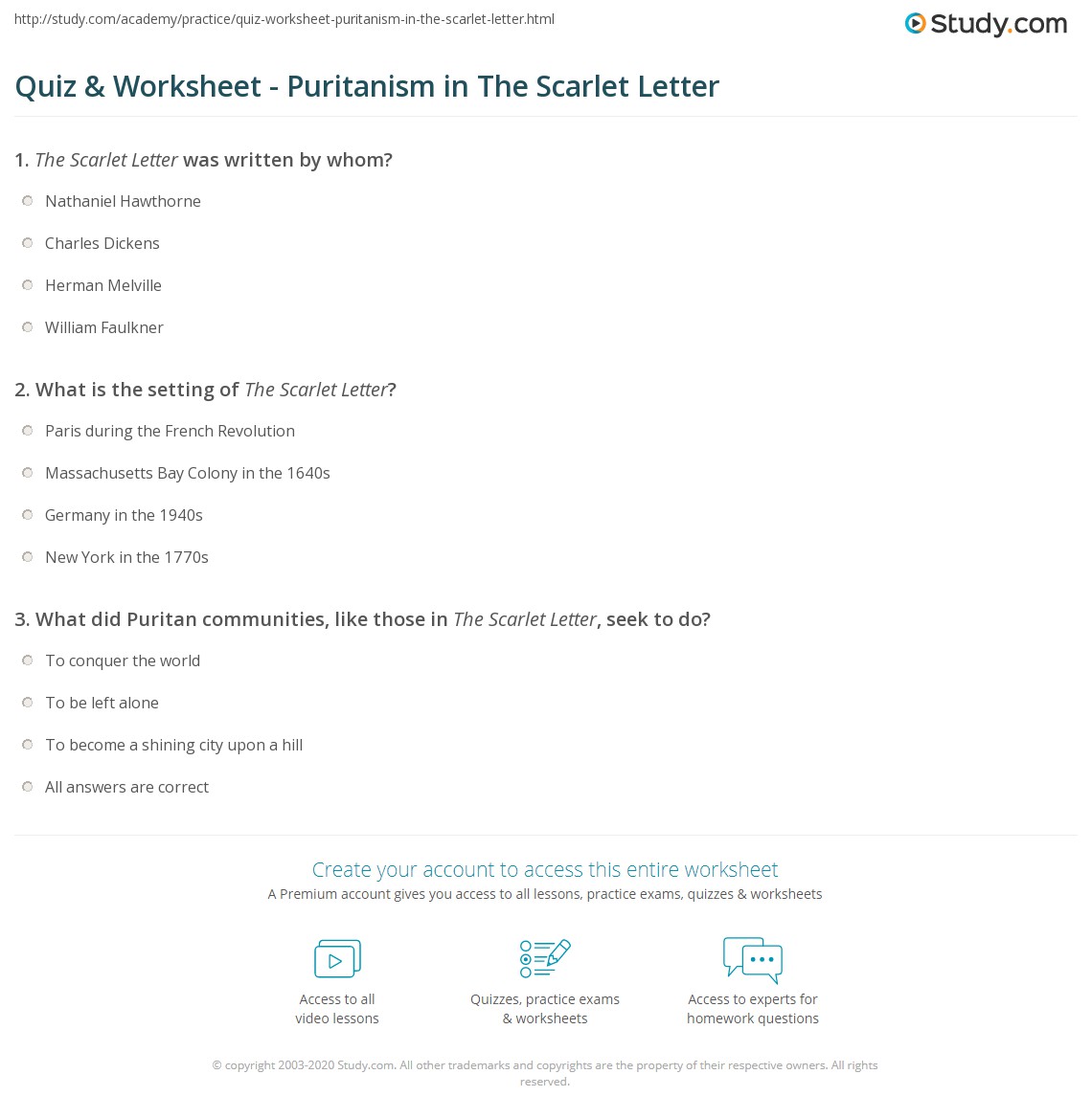 Quiz & Worksheet - Puritanism in The Scarlet Letter | Study.com