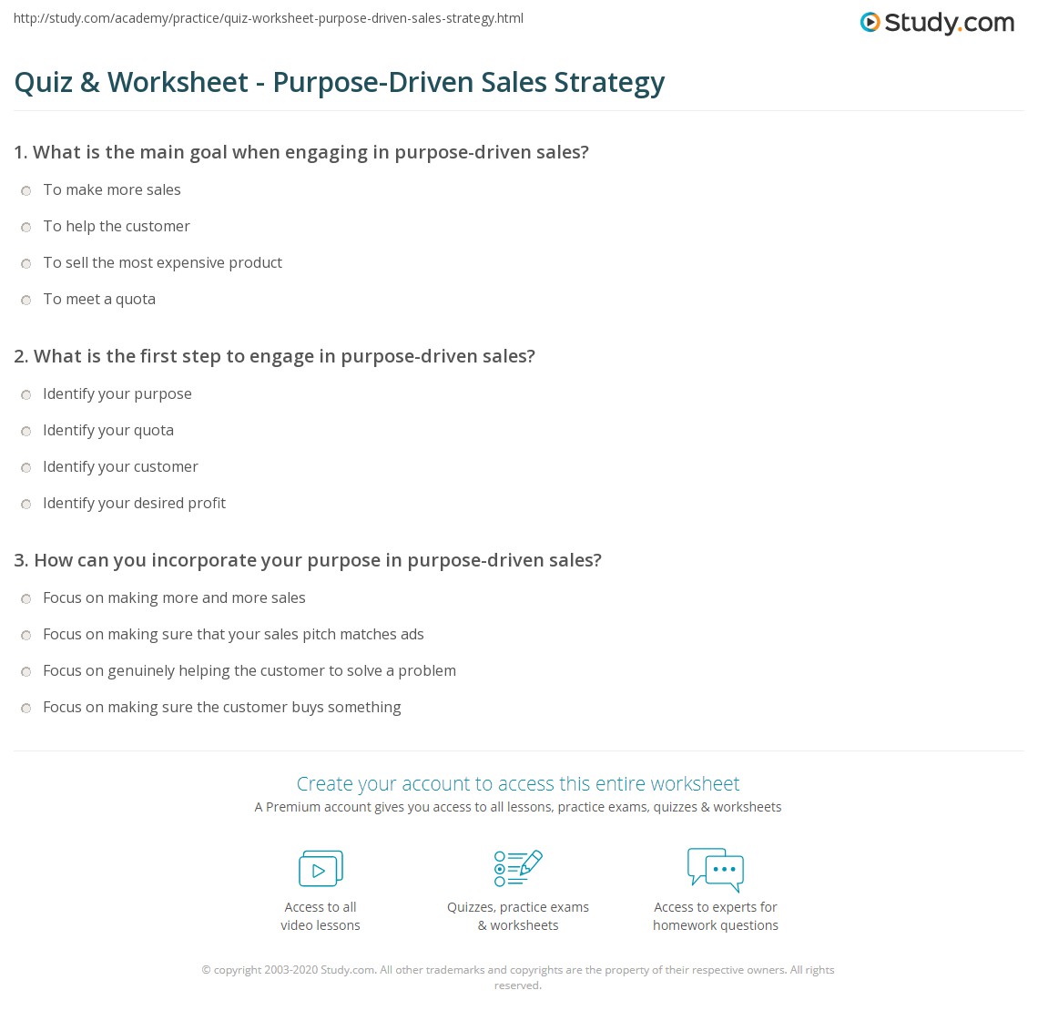 Quiz & Worksheet - Purpose-Driven Sales Strategy | Study.com