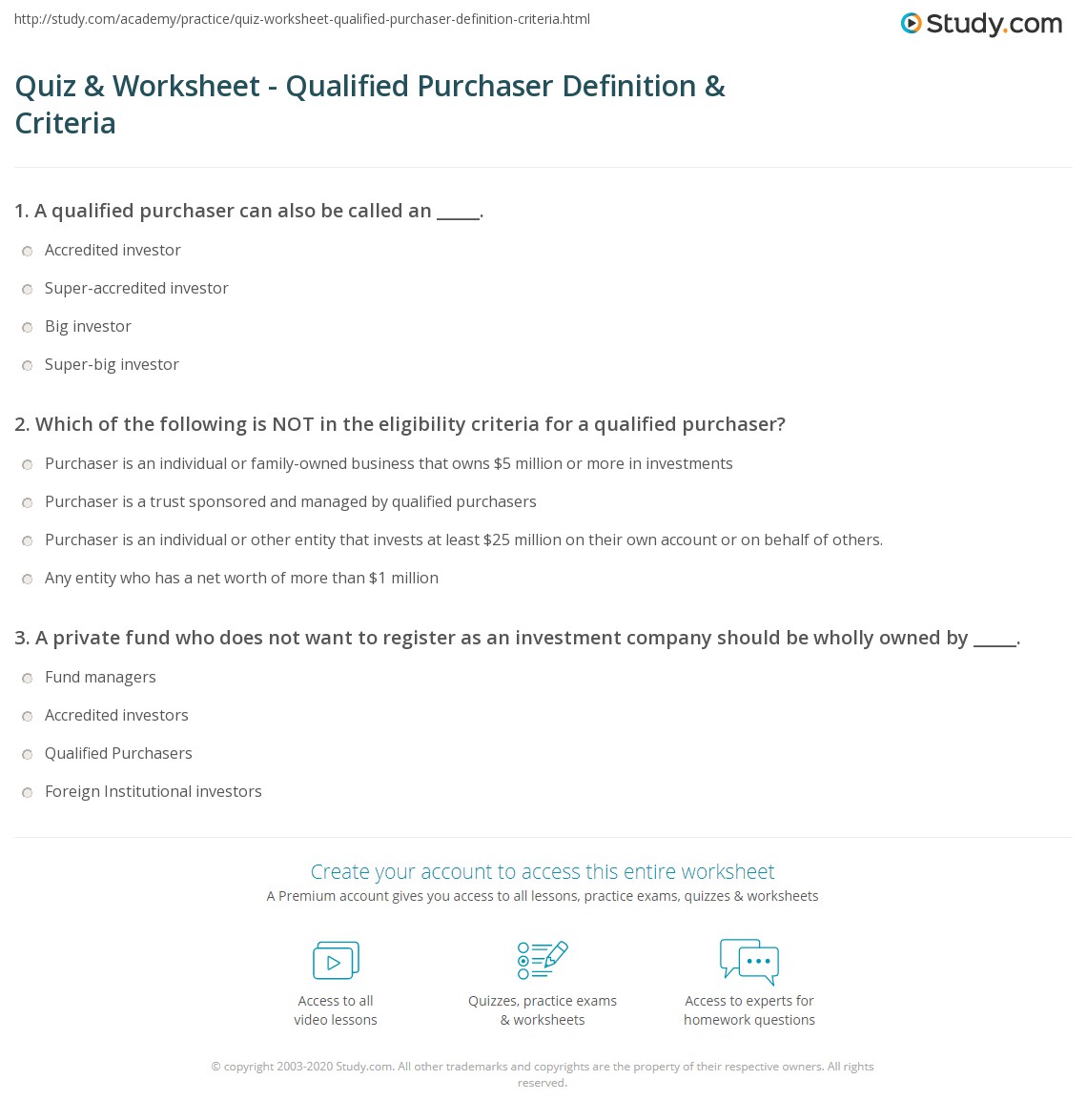 Quiz & Worksheet - Qualified Purchaser Definition & Criteria | Study.com