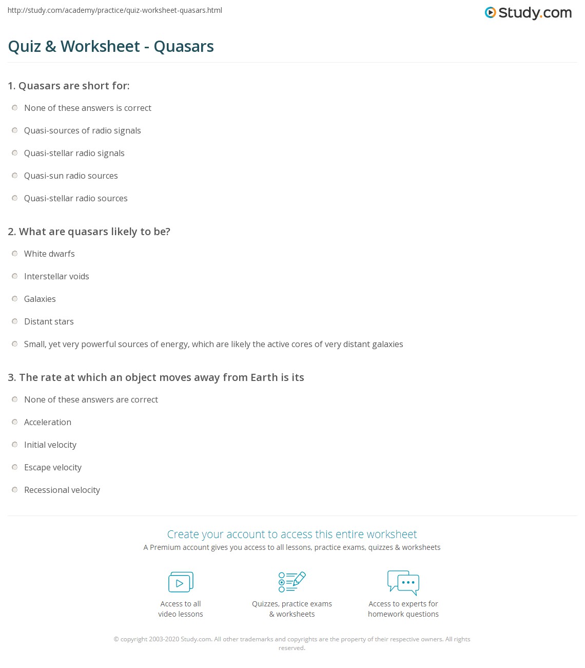 Quiz & Worksheet - Quasars | Study.com