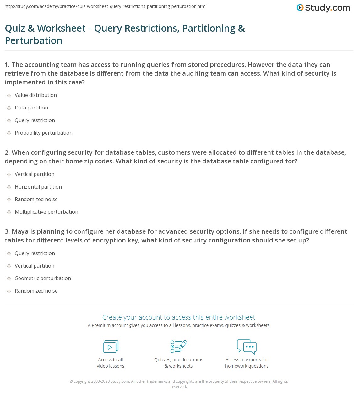 Quiz & Worksheet - Query Restrictions, Partitioning & Perturbation | Study.com