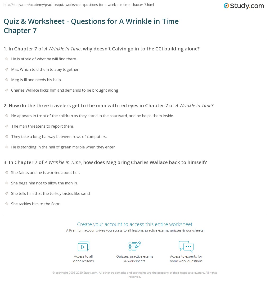 Quiz & Worksheet - Questions for A Wrinkle in Time Chapter 7 | Study.com