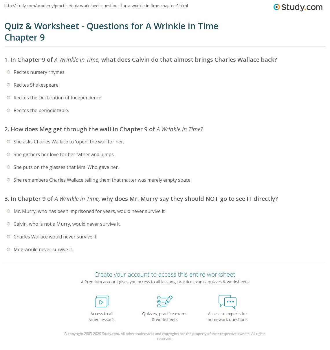 Quiz & Worksheet - Questions for A Wrinkle in Time Chapter 9 | Study.com