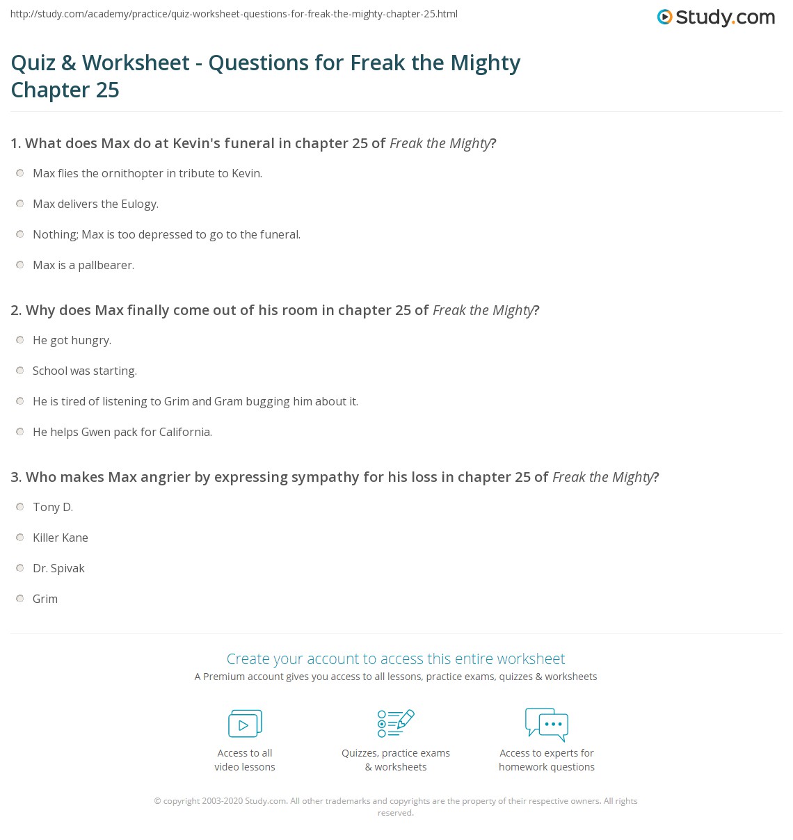 Quiz & Worksheet - Questions for Freak the Mighty Chapter 25 | Study.com
