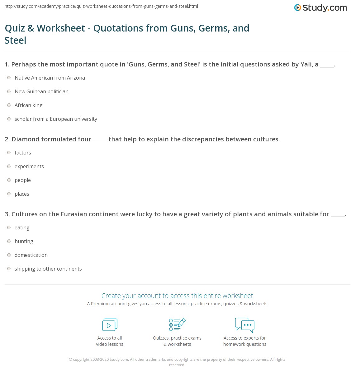 Quiz & Worksheet - Quotations from Guns, Germs, and Steel | Study.com