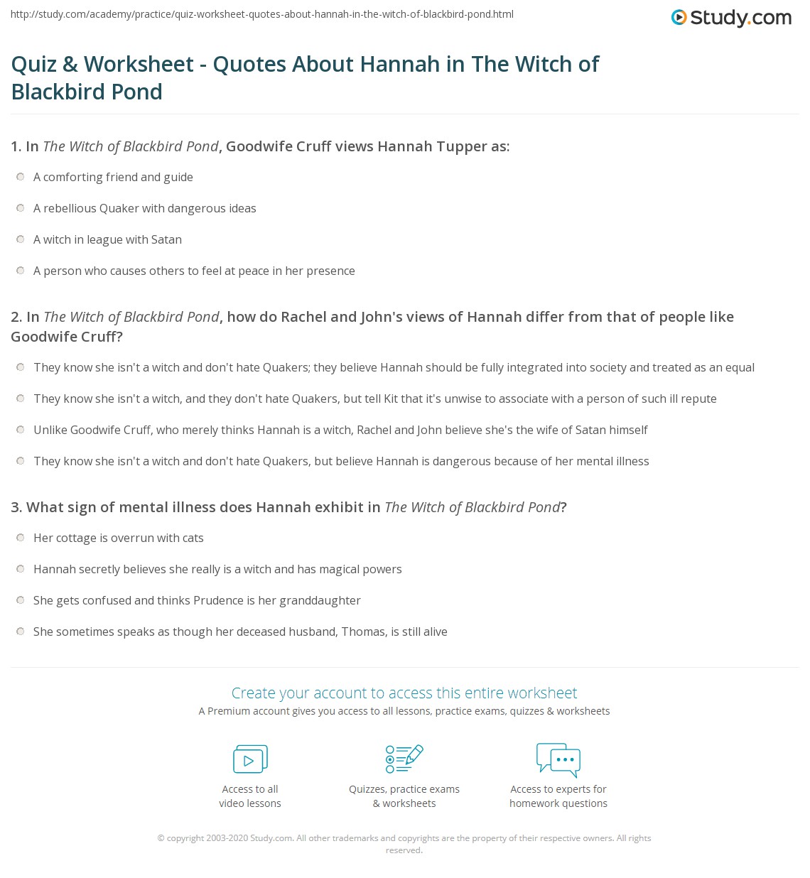 Quiz & Worksheet - Quotes About Hannah in The Witch of Blackbird Pond ...